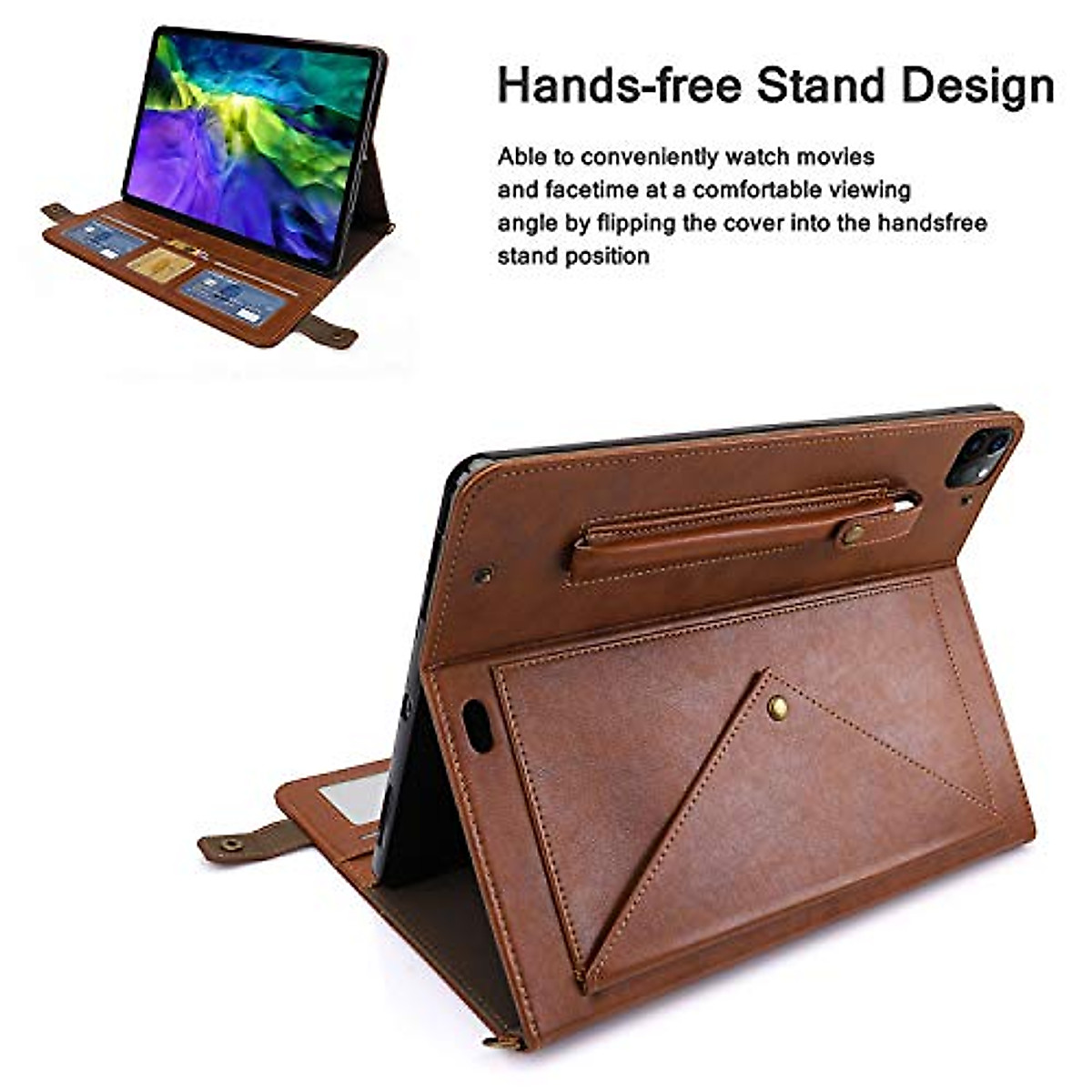APOLL Case for iPad Pro 12.9 inch 6th/5th/4th Generation, iPad Pro 12.9 2022/2021/2020 Cover, PU Leather Auto Wake/Sleep Handle Strap Crossbody/Shoulder Strap Handbag Case for iPad Pro 12.9", Coffee