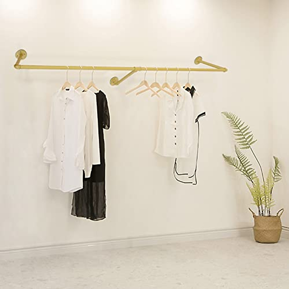 47"Gold Industrial Pipe Wall Mounted Clothing Racks for Boutique, Hanging Shelves System Metal Garment Rack Stand Bridal Wedding Dress Organization Closet Rod Retail Display Rack Storage Towel Rack