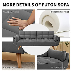 Homies Life Convertible Futon Sofa Bed, Linen Sleeper Couch, 75" W Modern 3 Seater Tufted Sofa with Solid Wood Legs and Adjustable Backrests for Small Spaces, Living Room, Bedroom, Dark Gray