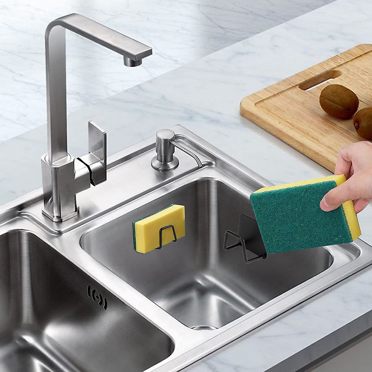 Eksinzenith 2Pcs Sponge Holder for Kitchen Sink, Strong Adhesive Sponge Holder for Sink Counter, Dish Sponge and Brush Organization Holder, Premium SUS304 Stainless Steel Rust Proof Waterproof-Black
