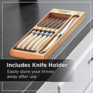 Wrenbury Classics Laguiole Steak Knives Set of 6 Stainless Steel – Dishwasher Safe Sharp Serrated Steak Knife Set, French Design Steak Knives for Dining - Ivory