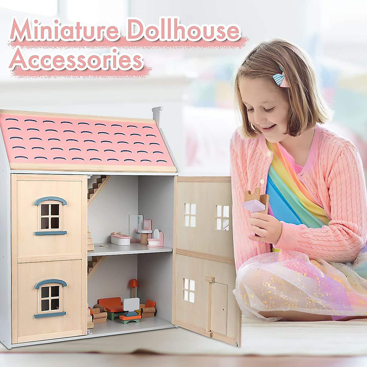 Abellzos Wooden Dollhouse Furniture Set, 24 PCS Miniature Doll House Accessories with Dining Room, Living Room, Bedroom, and Bathroom, Birthday Gift Toys for Toddlers Girls Boys Age 3+