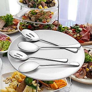 LIANYU Large Serving Spoons and Forks Set of 12, Stainless Steel Buffet Catering Dinner Party Slotted Serving Spoon Fork, 9.8 Inch, Mirror Finished, Dishwasher Safe