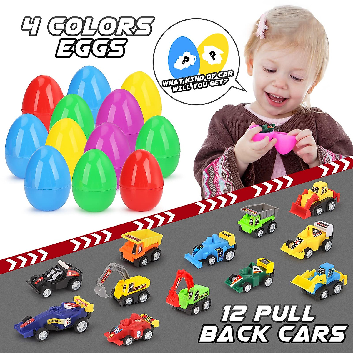 Easter Eggs Prefilled with 12 PCS Dinosaur Toys Figures, Colorful Easter Egg Fillers, Cake Toppers, Easter Basket Stuffers Toy Gifts Party Favor for Kids (Pull Back Cars)