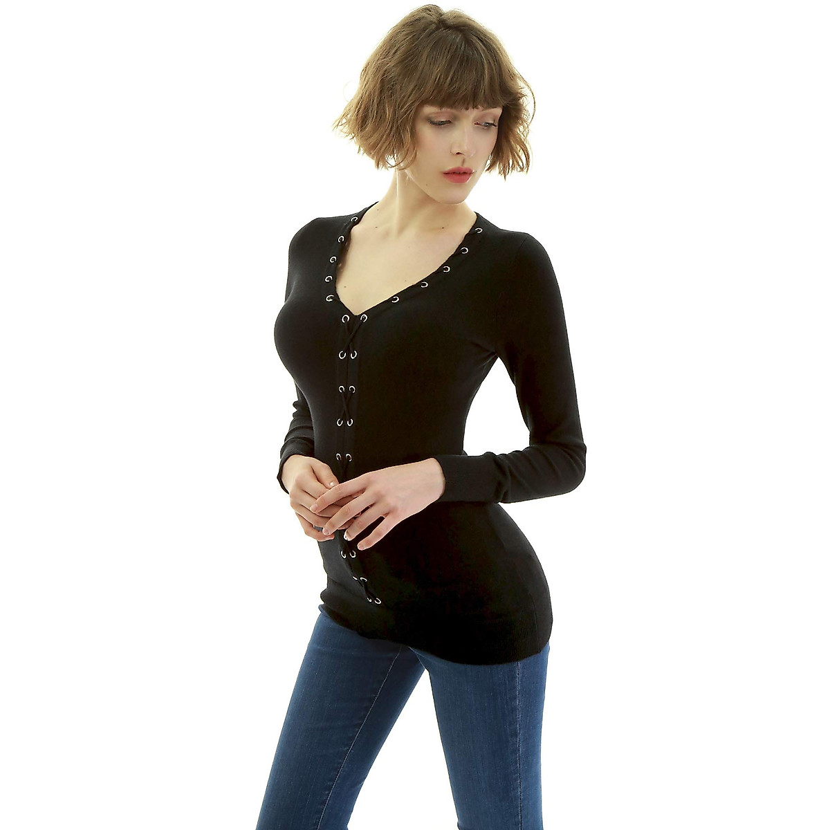 AmélieBoutik Women V Neck Eyelet Trim Long Sleeve Sweater (Black Medium)