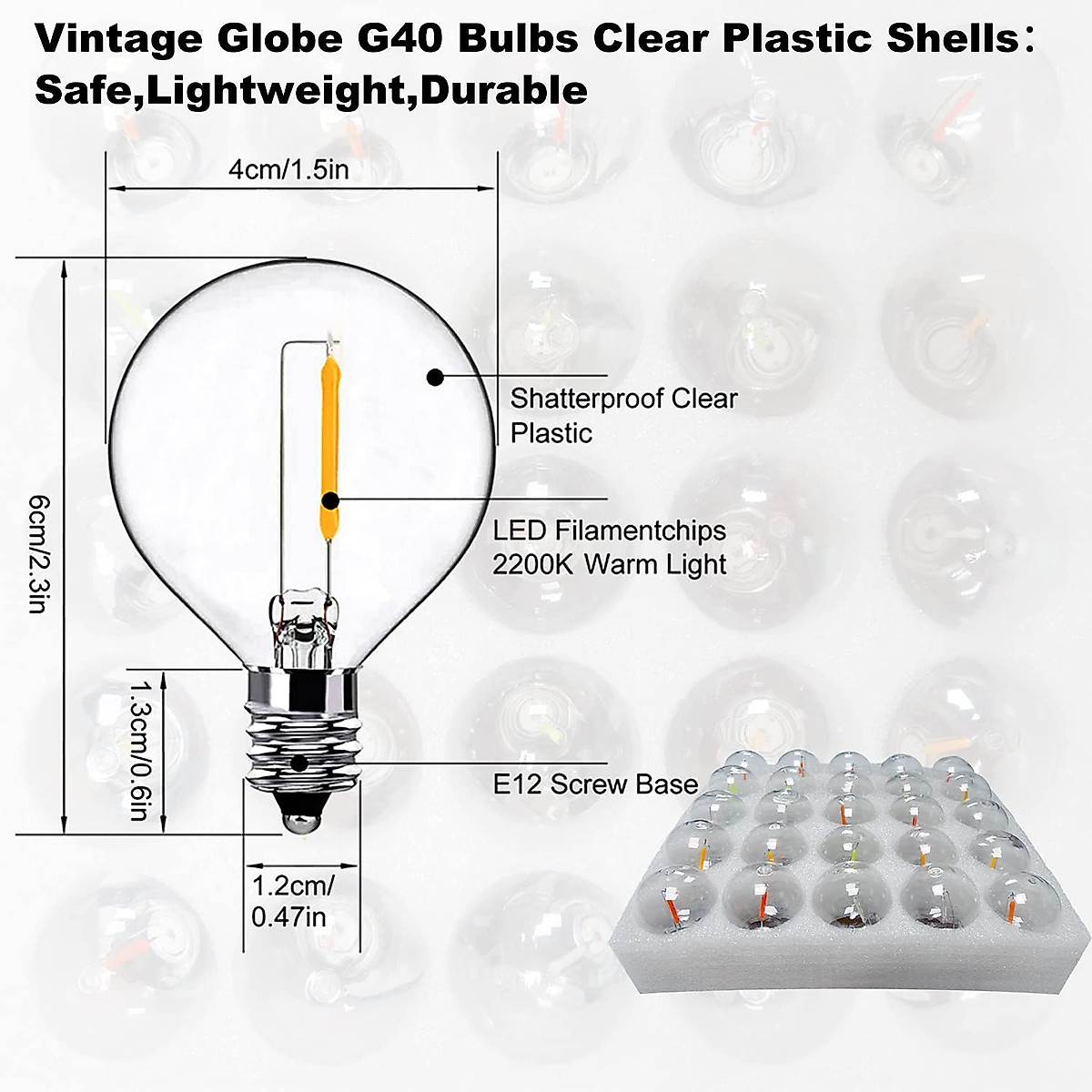 VTpower 50FT Outdoor String LED Lights G40 Shatterproof 0.6W Clear Globe Bulb E12 Base Hanging Lights with (2 Spare),Connectable for Indoor/Outside Garden Backyard Patio 50 Lamp Multicolor…