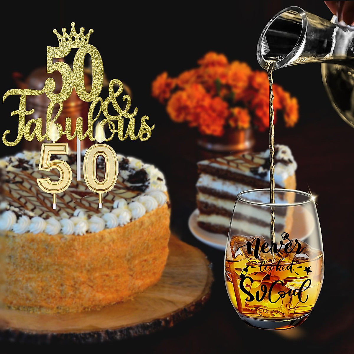 Juesly 50th Birthday Gifts for Women with 15oz Wine Glass, 50th Birthday Crown, Sash, Cake Topper and Candles, 50 Year Old Birthday Decorations 50th Birthday Gifts Idea