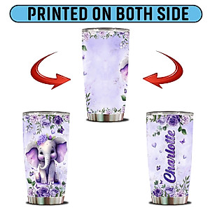 WONWIX Personalized Elephant Tumbler Customized Name Elephants Mug Gift Mugs Funny Gifts For Adults Purple Flowers Cups 20oz Insulated Stainless Steel Coffee Cup With Lid