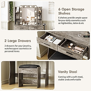 Maupvit Vanity Desk with Mirror and Lights,Makeup Vanity Table Set with Power Outlet,3 Lighting Modes & Adjustable Brightness Dressing Table with 2 Drawers for Bedroom Dressing Room,Light Oak Grey