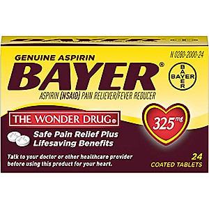 Genuine Bayer Aspirin 325mg Coated Tablets, #1 Doctor Recommended Aspirin Brand, Pain Reliever and Fever Reducer, 24 Count