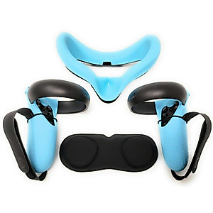 TNE Accessories Bundle Kit for Oculus Quest 1 VR Headset & Controllers | Headphones/Earphones, Silicone Face Cushion Cover, Grip Case, Knuckle Hand Strap, Lens Cover Pad, Thumbstick Caps (Light Blue)