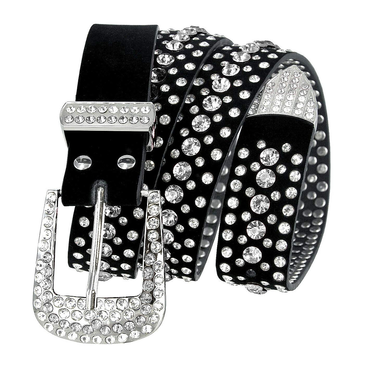 Women Rhinestone Belt Fashion Western Cowgirl Bling Studded Design Suede Leather Belt 1-1/4"(32mm) wide (Crystal, 34'' M)