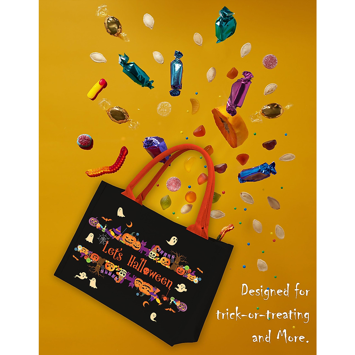 Let's Tote Halloween Canvas Candy Tote Bag With Handle, Ghosts Glow In The Dark, Great Pumpkin Halloween Party Gift. Reusable Bag for Trick or Treat, Candy Bucket. (Large)