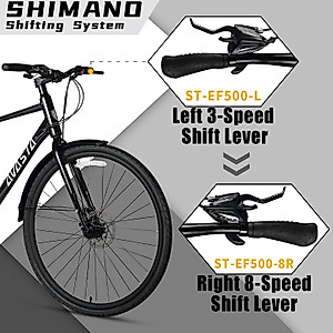 AVASTA Uranus 700C Road Hybrid Bike - Lightweight Aluminum Alloy Frame with 24-Speed Gearing for City Commuting - Rear Cargo Rack, Dual Disc Brakes, and 17 inch Frame - Black Design for Men Woman