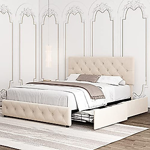 Queen Bed Frame with Storage and Adjustable Headboard, Bed Frame with 4 Drawers and Wooden Slats Support, No Box Spring Needed, PU, Beige