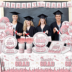 Graduation Party Supplies, 2024 Graduation Party Dinnerware Set, Congrats Grad Plates Napkins Cups Tablecloth Banner Balloons for Class of 2024 Graduation Decorations Supplies (Rose Pink)
