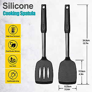 2 Pack Spatulas, Solid & Slotted Silicone Spatula Set, Stainless Steel Handle Coated with Silicone, Non Stick Turners, Heat Resistant BPA Free Rubber Spatulas for Fish, Eggs, Pancakes, WOK, Black