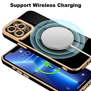 Lafunda Designed for iPhone 13 Pro Max Case, Luxury Plating Cases for Women Girls Cute Golden Edge Shockproof TPU Bumper Cover with Silicone Camera Protection Phone Case for iPhone 13 Pro Max, Black