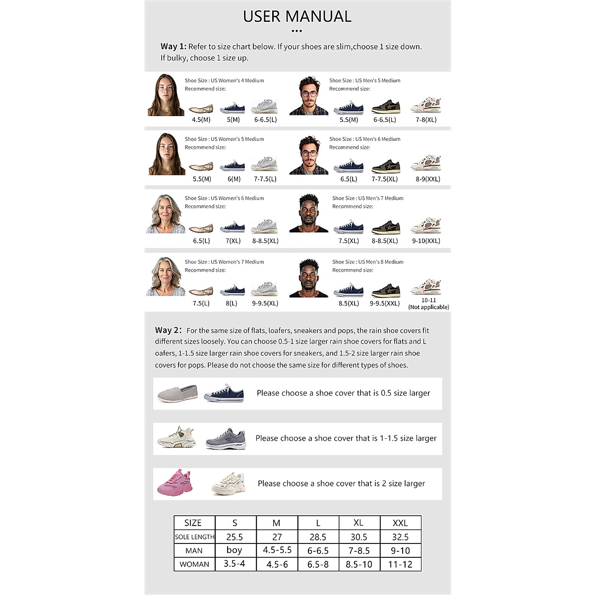 Rain Boot Waterproof Shoes Covers, Sand Control Non-Slip Shoe Cover Galoshes, PVC Rubber Sole Reusable Rain Snow Boots Overshoes for Cycling Outdoor Camping Fishing Garden Travel (L, Transparent)