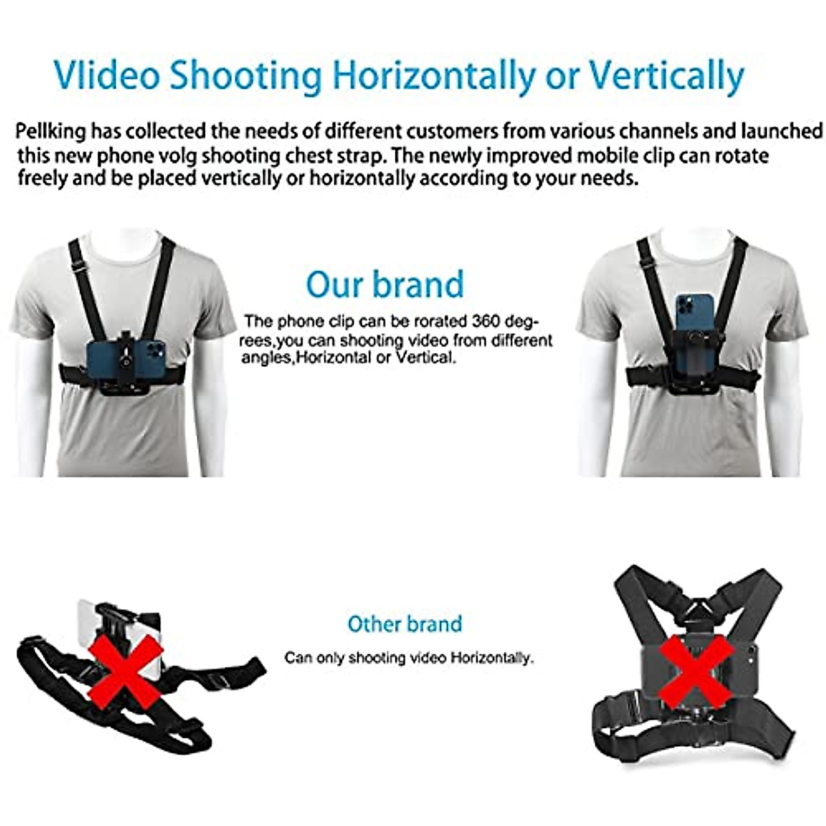 PellKing Mobile Phone Chest Mount Harness Strap Holder Cell Phone Clip Action Camera POV for Samsung iPhone Plus etc