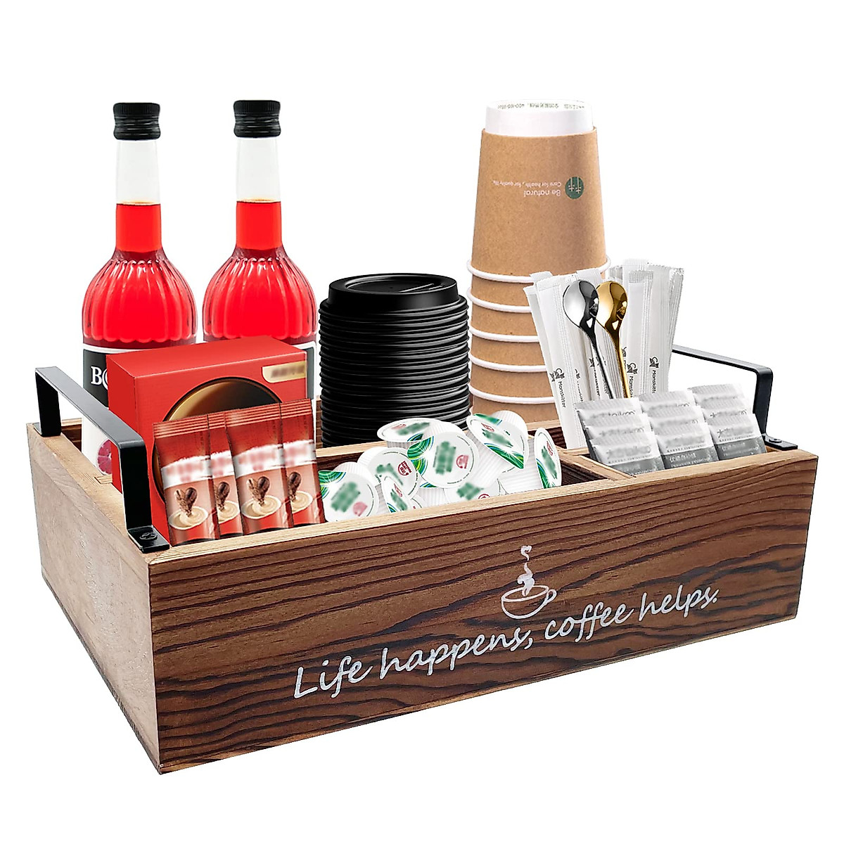 Ismosm Coffee Station Organizer, Farmhouse Coffee Bar Accessories Organizer Basket for Countertop, Office Coffee Station, Wooden Tray for Coffee Supplies and Essentials, Sugar, Syrup,Tea (Brown)