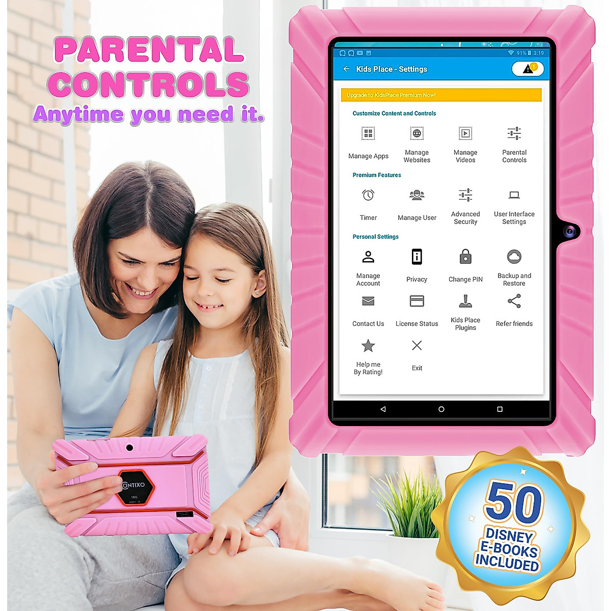 Contixo Kids Tablet - V8 32GB 7" Android Tablet for Kids, Includes 50+ Disney Storybooks & Stickers (Value $200), Kid-Proof Case, (2023 Model) - Pink