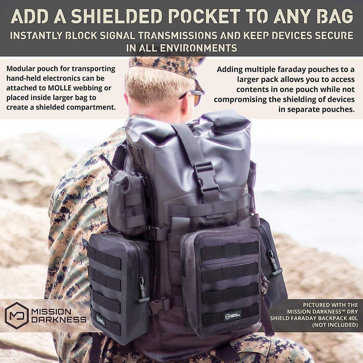 Mission Darkness Dry Shield MOLLE Faraday Pouch (2nd Gen) // Waterproof & Submergible Dry Bag + RF Shielding Liner. Signal Blocking, Anti-tracking, EMP Shield, Data Privacy, Electronic Device Security