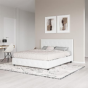 DHP Dakota Upholstered Platform Bed with Diamond Button Tufted Headboard and Footboard, No Box Spring Needed, Full, White Faux Leather