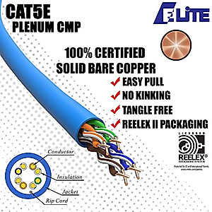 CAT5E Plenum (CMP),1000ft, UTP 24AWG, Solid Pure Copper, 350MHz, UL Certified, Bulk Ethernet Cable in Blue