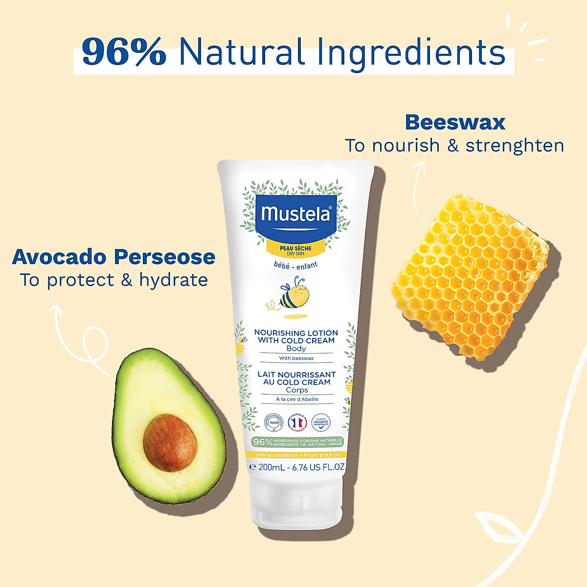 Mustela Baby Nourishing Lotion â€“ Daily Body Lotion for Dry Skin - with Natural Avocado, Cold Cream & Beeswax - 6.76 fl. oz. (Pack of 1)