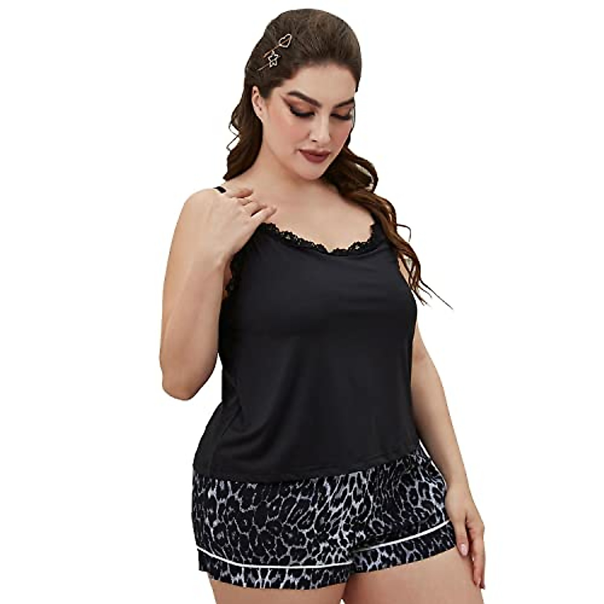 ebukurty Women Plus Size Cami Leopard Shorts Set Sexy Lace Pajama Sets Sleepwear