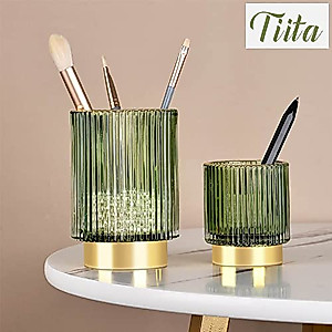 Tiita Glass Makeup Brush Holder Organizer - Crystal Clear Desktop Stationery Storage for Cosmetics, Vintage Style Makeup Brush Cup, Pen and Pencil Holder