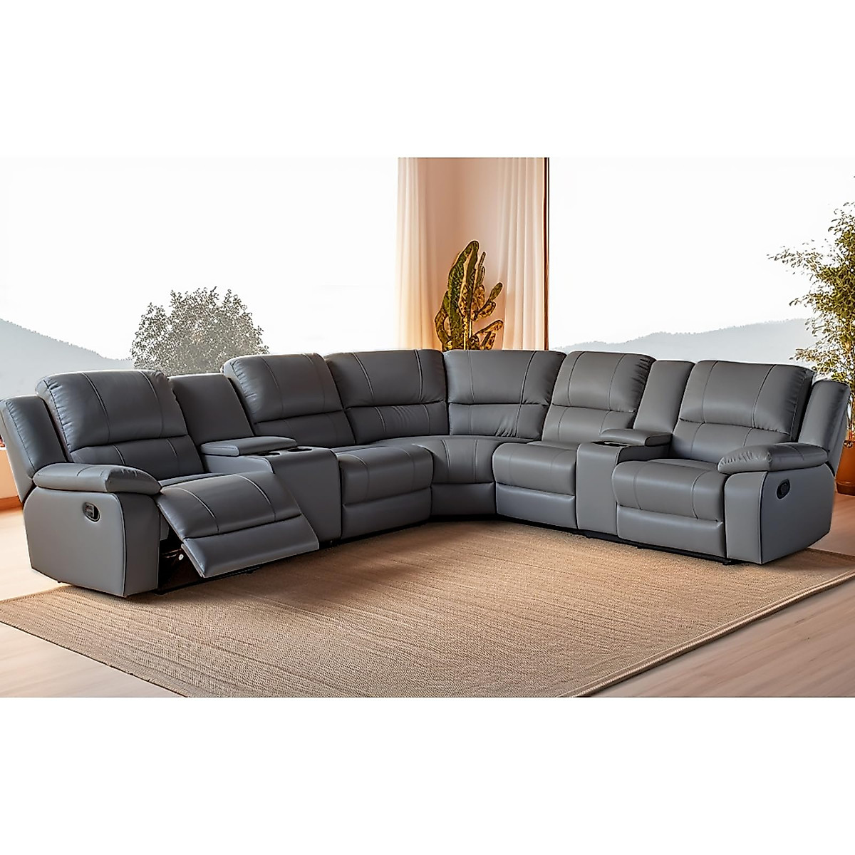 UR livingroom Modular Sectional Sofa PU Leather Manual Recliner Sofa Symmetrical Sectional Couches for Living Room Livingroom Furniture Sets, Grey