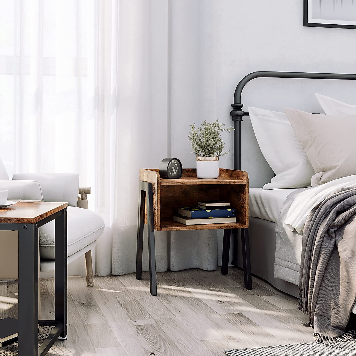 VASAGLE Side Table, End Table, Nightstand with Storage Compartment, Industrial Accent Furniture for Bedroom, Rustic Brown and Black ULET54X