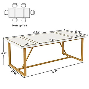 Tribesigns 70.9 Inch Dining Table for 6 to 8, Modern Kitchen Table Dining Room Table, Rectangle White Dinner Table with Gold Meta Base for Kitchen, Living Room