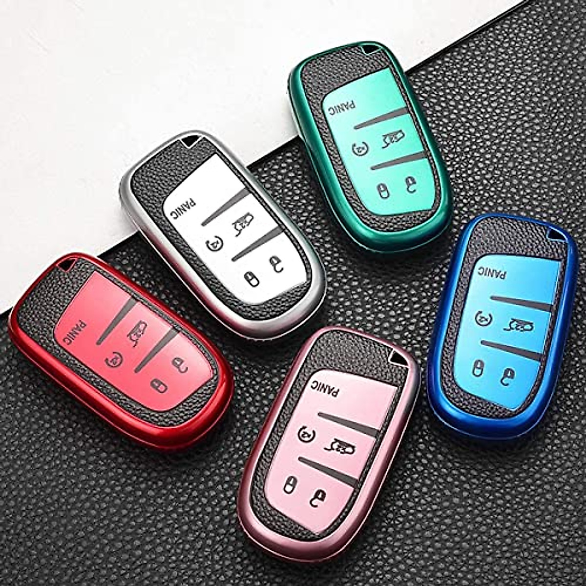 2PCS SNUGFIT Key Fob Cover for JEEP & Dodge | Grand Cherokee, Renegade, Charger, Challenger, Dart, Durango, Journey Chrysler 300 keyfob (Push Button Start Models) (2PCS LEATHER TPU)