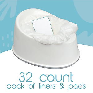 TidyTots Disposable Potty Chair Liners and Pads for Potty Training Toddlers | XL Combo Travel Refill Pack of 32 Disposable Potty Liners for Toddlers and 32 Absorbent Pads | Keeps Potty Seat Clean