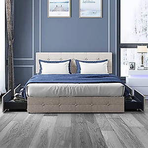 ZAFLY California King Upholstered Bed Frame with 4 Storage Drawers,Platform California King Size Bed Frame with Adjustable Headboard,Wooden Slats Support,No Mattress,No Box Spring Needed (Beige)