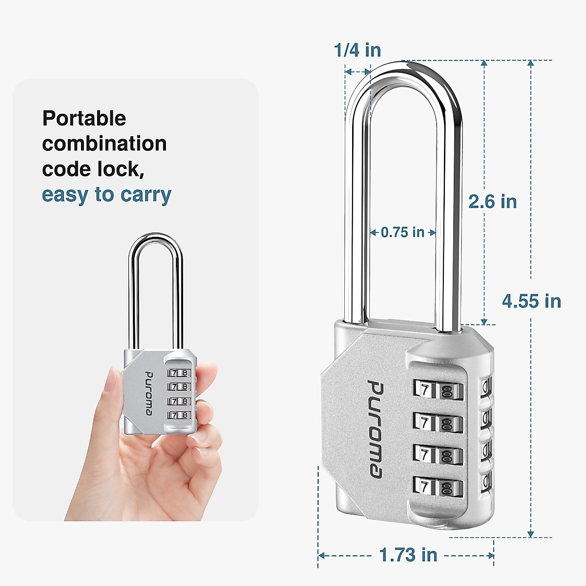 Puroma 2 Pack 2.6 Inch Long Shackle Combination Lock 4 Digit Outdoor Waterproof Padlock for School Gym Locker, Sports Locker, Fence, Gate, Toolbox, Case, Hasp Storage (Silver & Black)