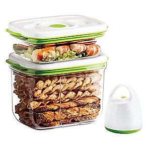 FOSa Vacuum Seal Food Storage System Reusable Container Starter Set with Vacuum and 2 Large Reusable containers