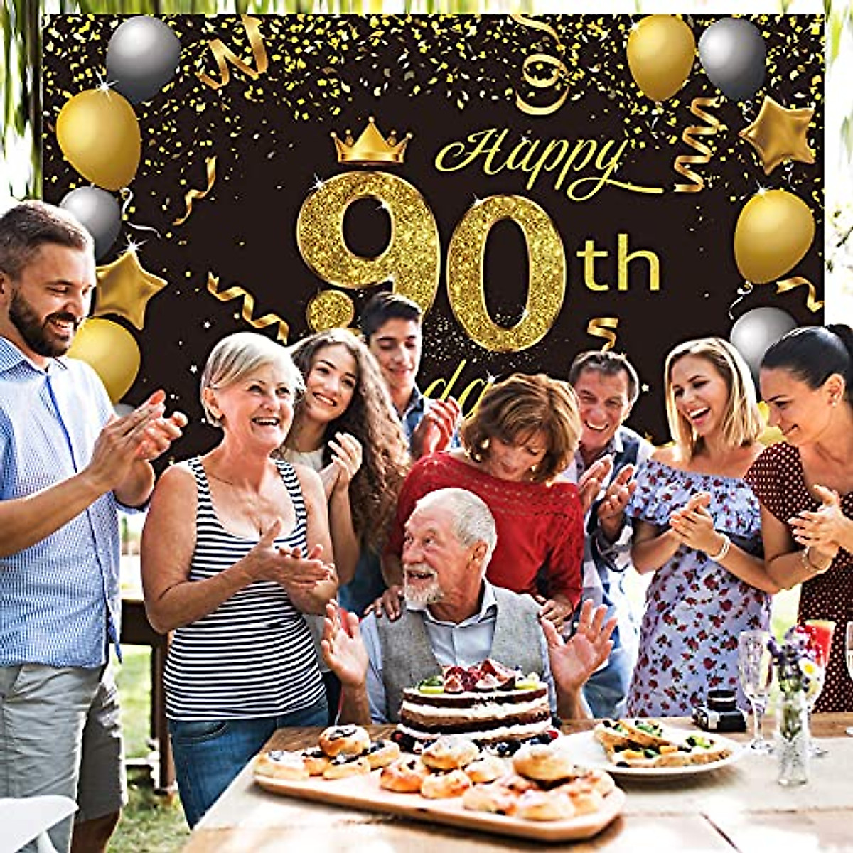 Crenics Happy 90th Birthday Backdrop Banner, Extra Large 90th Birthday Photo Background Banner, Gold Black 90th Birthday Decorations Party Supplies Banner for Women Men, 5.9 x 3.6 ft