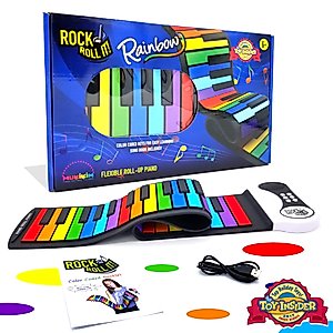 MUKIKIM Rock and Roll It - The Original Rainbow Piano. Roll Up Flexible Piano Keyboard for Kids / Beginners. Portable 49 Keys Silicone Piano Pad. Play-by-Color Songbook Included!