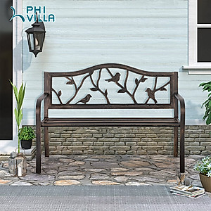 PHI VILLA 50" Patio Garden Bird Bench Steel Frame Park Yard Outdoor Furniture Cast Iron Porch Chair, Bronze