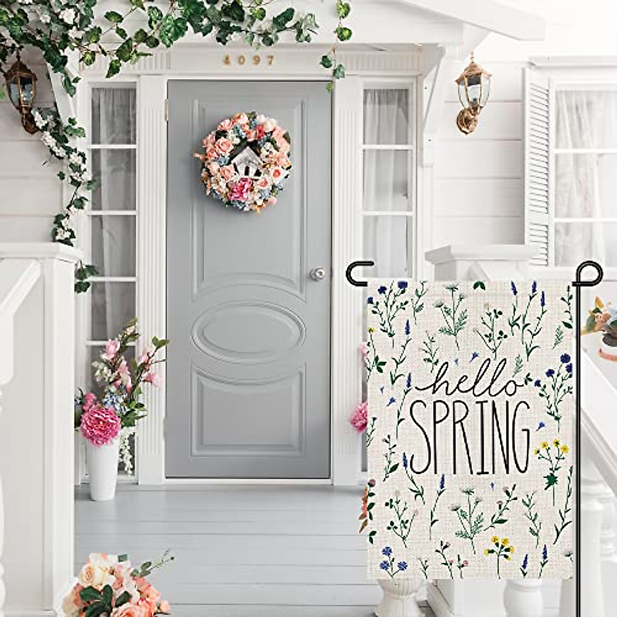 Hello Spring Tulip Lavender Garden Flag 12 x 18 Inch Double Sided Burlap, Seasonal Flower Yard Outdoor Decoration DF243