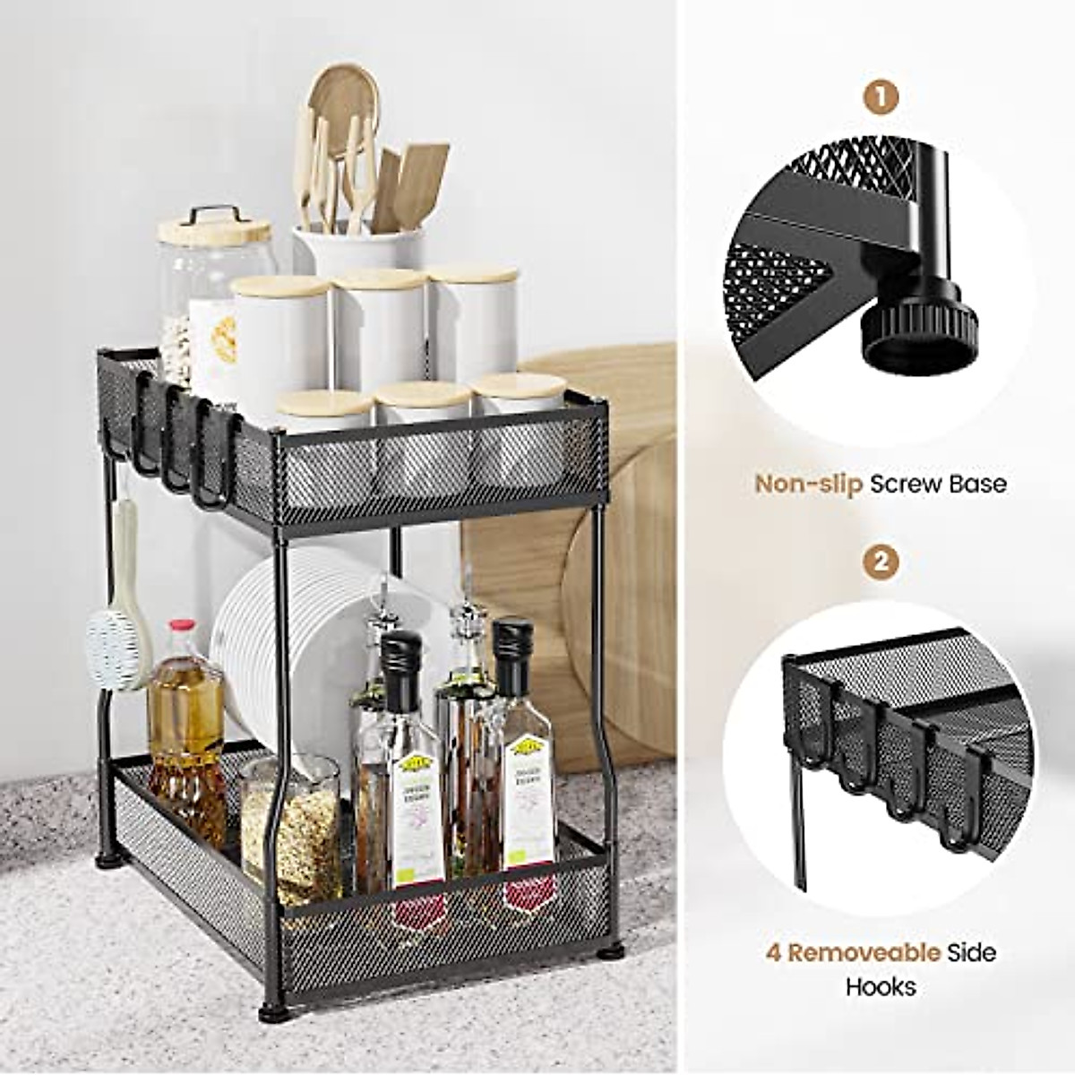 Under Sink Organizers and Storage, Bathroom Cabinet Organizer and Storage, 2 Tier Under Cabinet Organizers and Storage with 4 Hooks, Reinforced Metal Kitchen Sink Cabinet Storage Organizer-2PCK