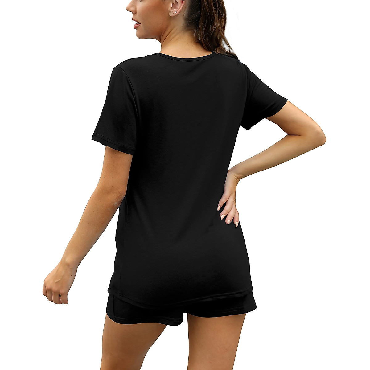 Aloodor Pajama Set for Women 2 Piece Short Sleeve V Neck Pjs Lounge Sets Sleepwear Soft Black L