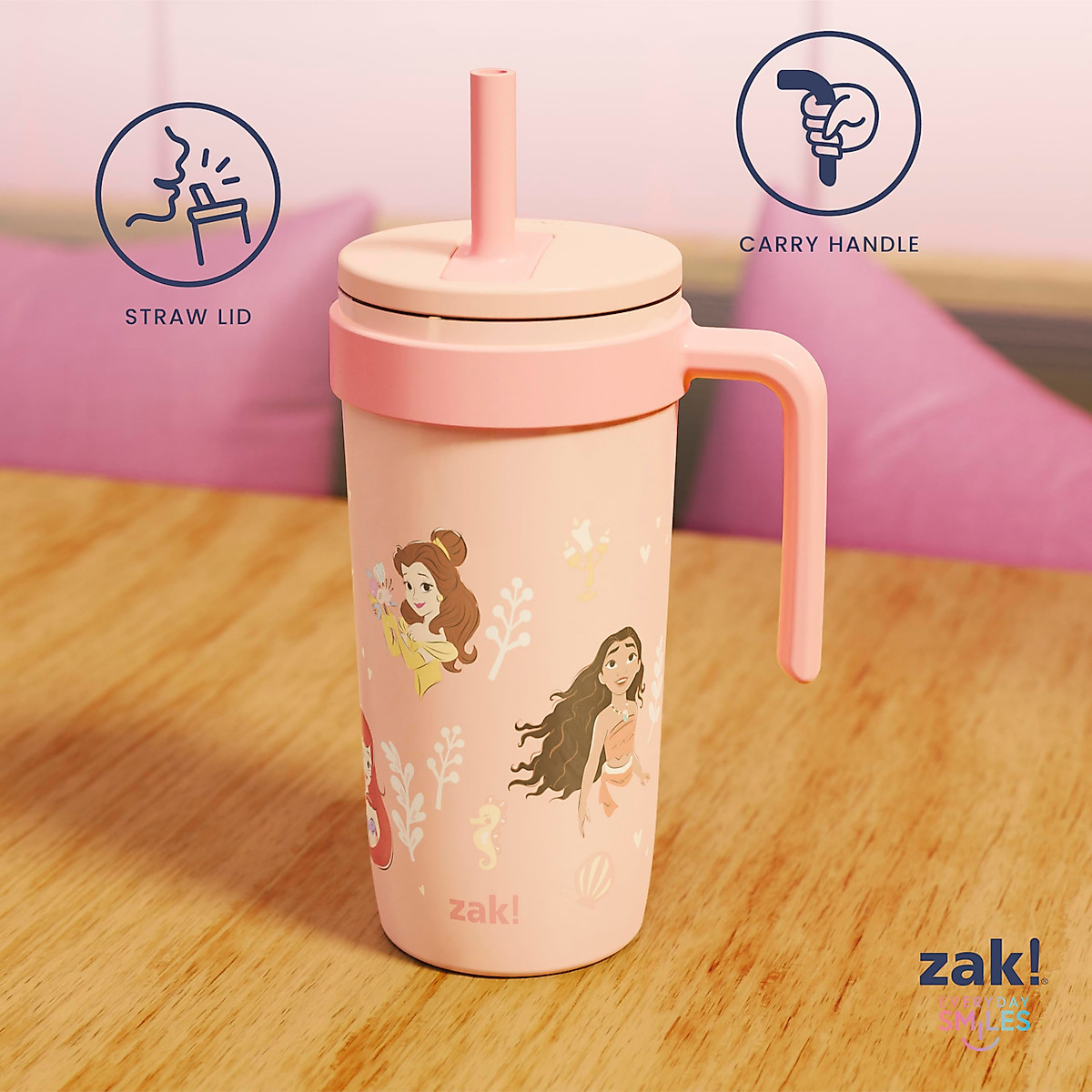 Zak Designs Disney Princess Fairway Travel Tumbler for Home or On the Go, 18oz Stainless Steel with Vacuum Insulation, Spillproof Straw, and Handle (Ariel, Belle, Cinderella, Jasmine, Moana, Tiana)