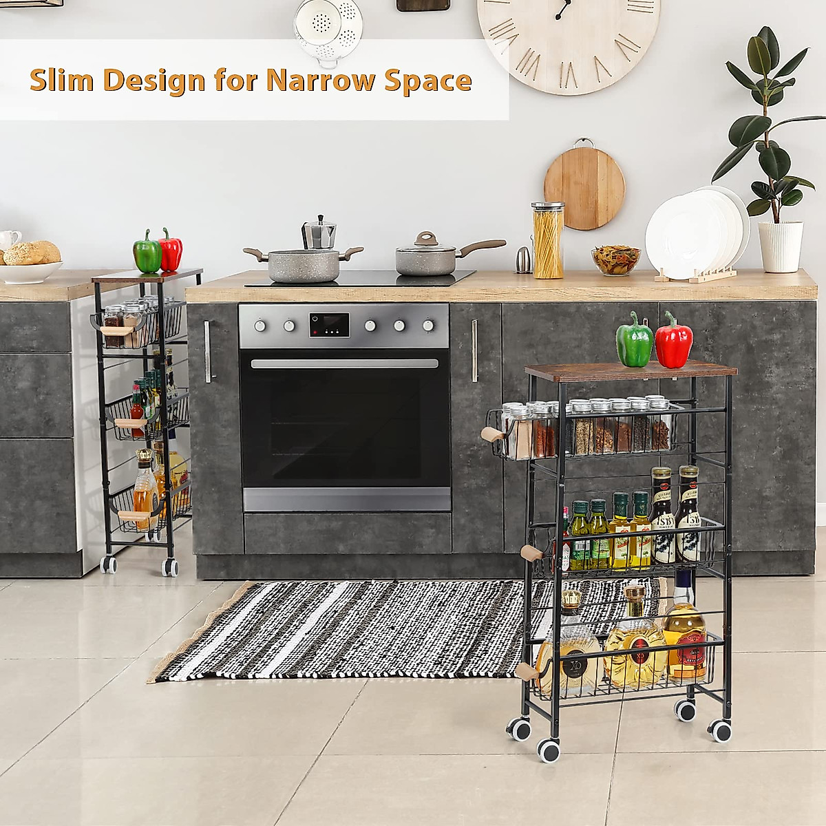 4-Tier Slim Storage Cart, Kitchen Rolling Utility Cart Bathroom Organizer Laundry Room Organization Mobile Shelving Unit with Slide-Out Metal Wire Baskets, Wooden Tabletop & Wheels for Narrow Space