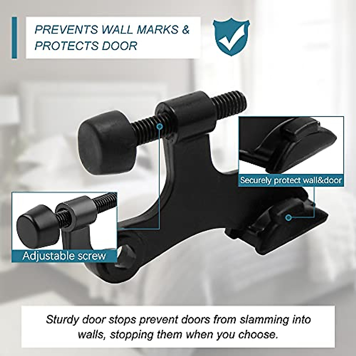 4 Pack Hinge Pin Black Door Stopper, Adjustable Heavy Duty Hinge Pin Door Stop with Black Rubber Bumper Tips