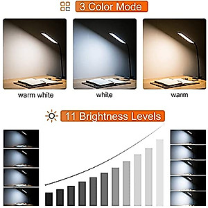 Vansuny Clip on Light LED Desk Lamp with Eye-Caring LED Light and Metal Clip, 11 Level Brightness 3 Color Modes, Power by USB Port 5W Flexible Gooseneck Reading Light for Home and Office (5W, Black)